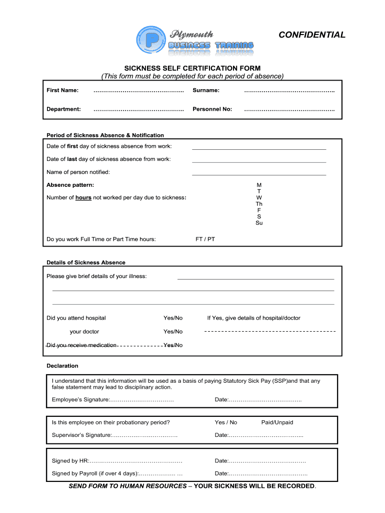 Printable Self Cert Sick Form Printable Forms Free Online