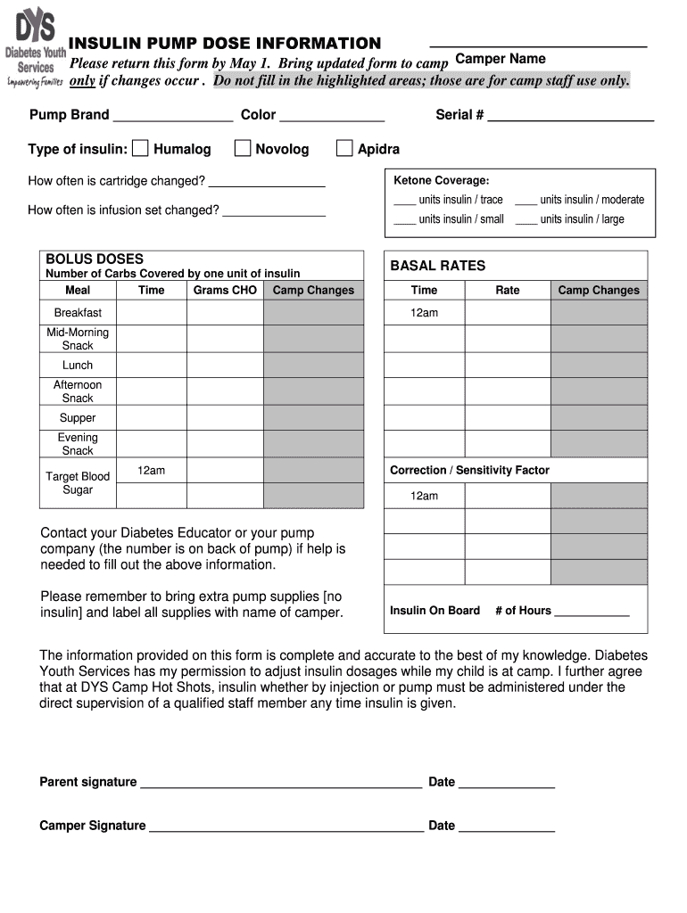 Fillable Online dys4kids Pump Dosing Form 2014 - Diabetes Youth ...