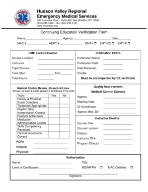 Fillable Online hvremsco Continuing Education Verification Form - Hudson Valley Regional ...