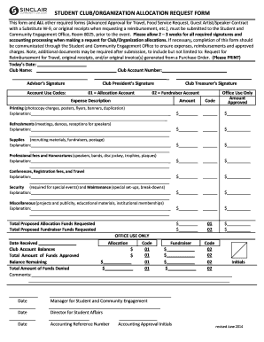 Fillable Online sinclair Student Club Organization Allocation Request Form - Sinclair ... Fax ...