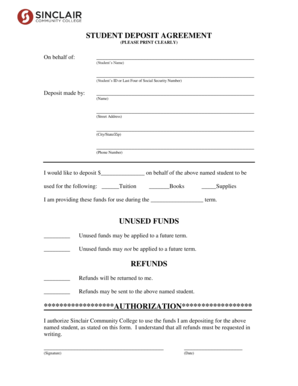 Fillable Online sinclair STUDENT DEPOSIT AGREEMENT - Sinclair Community College - sinclair Fax ...