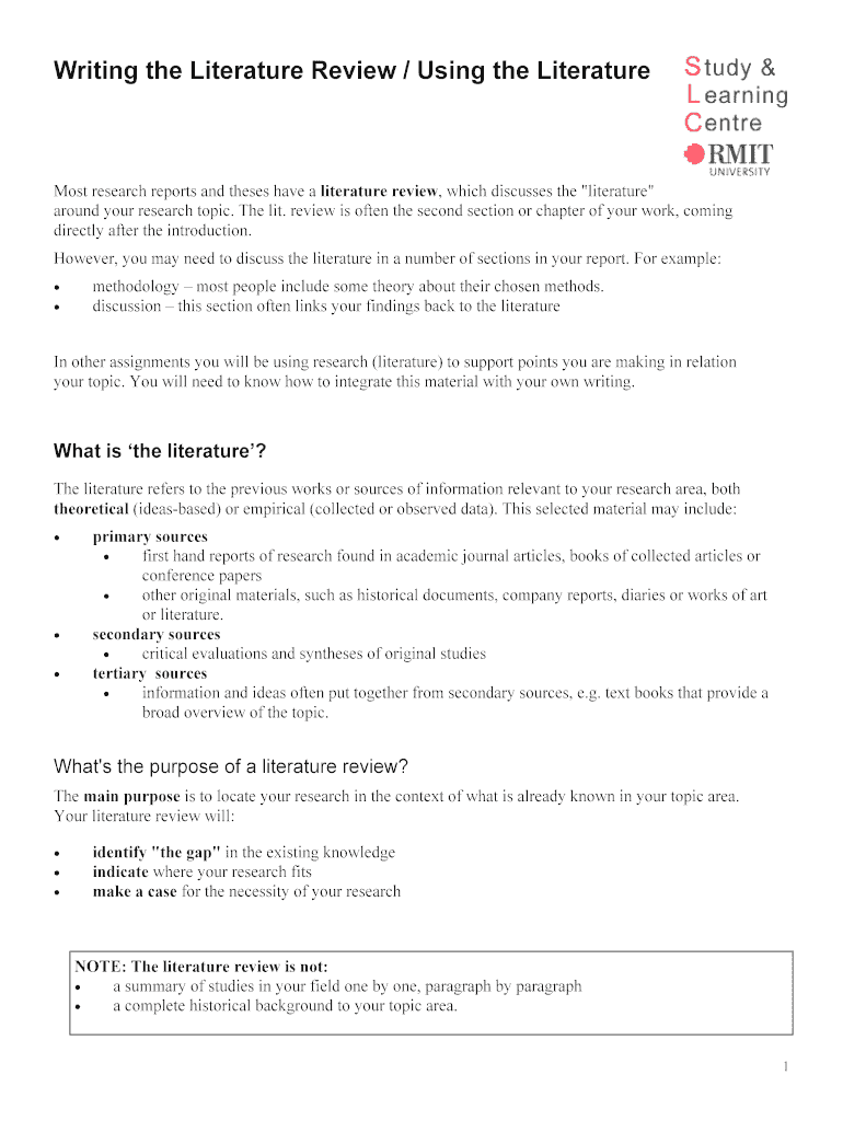 Fillable Online Writing the Literature Review / Using the Literature ...