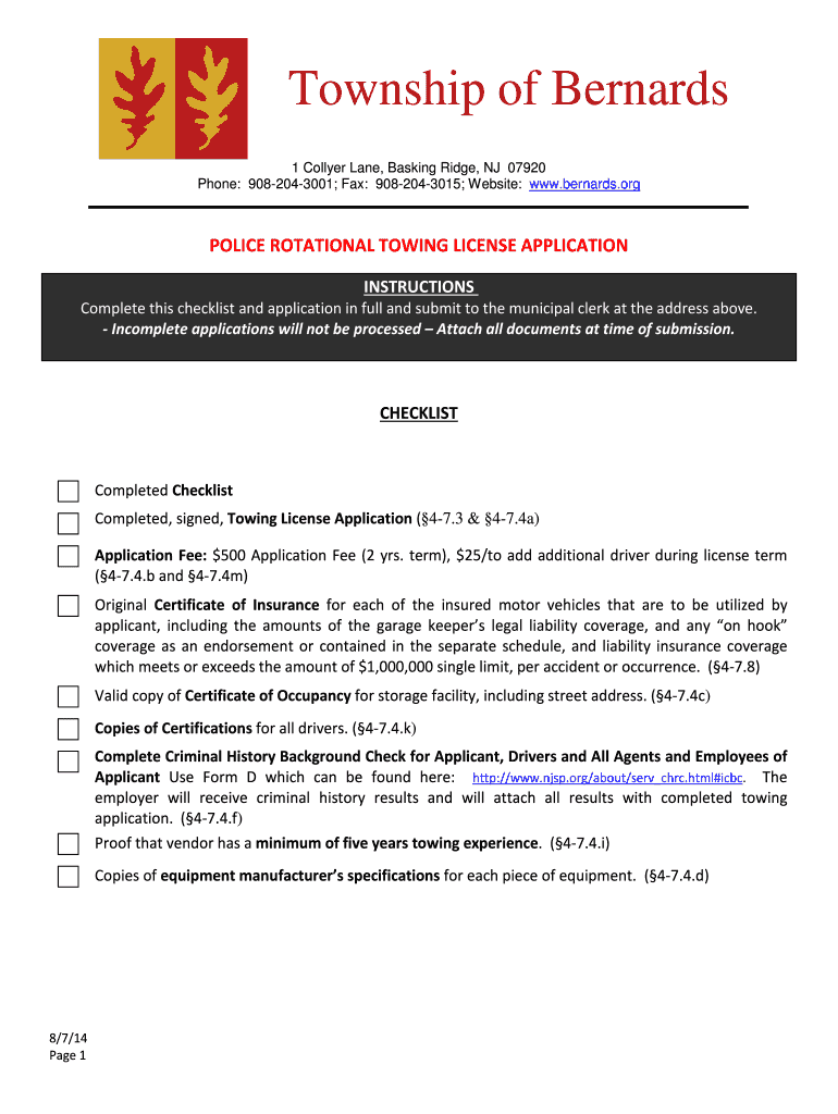 Fillable Online bernards Police Rotational Towing Application ...