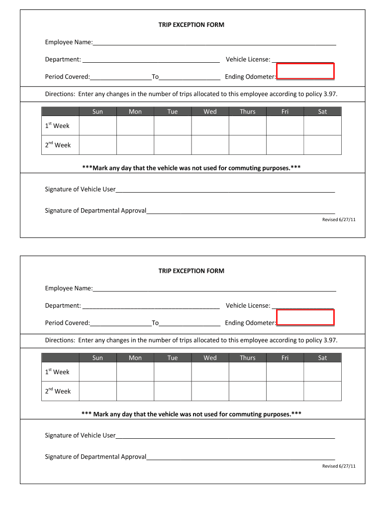 Fillable Online pinalcountyaz TRIP EXCEPTION FORM Employee Name: Department: Fax Email Print ...