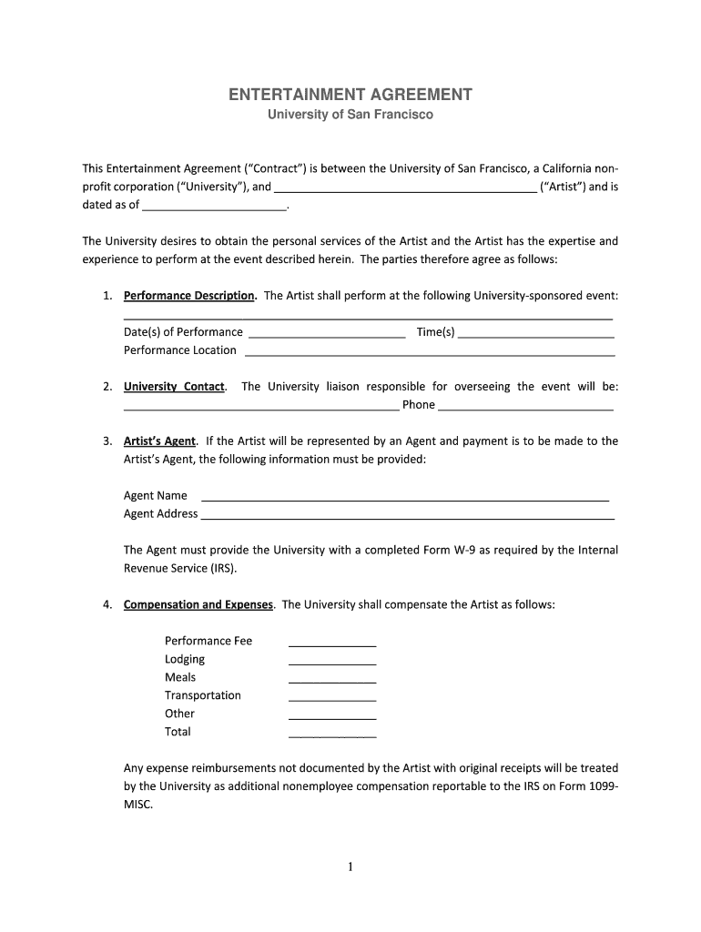 Fillable Online usfca ENTERTAINMENT AGREEMENT - University of San Francisco Fax Email Print ...