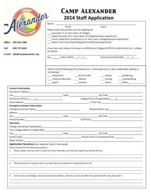 Fillable Online campalexander Camp Alexander 2014 Staff Application ...