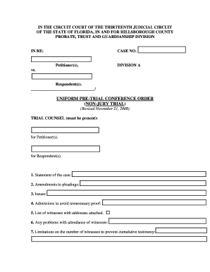Fillable Online fljud13 UNIFORM PRE-TRIAL CONFERENCE ORDER NON-JURY ...