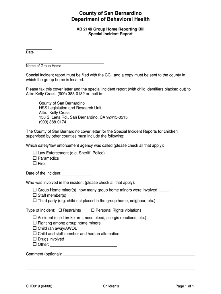 Fillable Online sbcounty AB 2149 Special Incident Reporting Fax Email ...