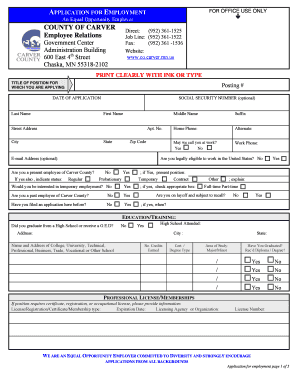 Fillable Online co carver mn APPLICATION FOR EMPLOYMENT - Carver County ...