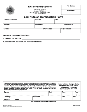 Fillable Online nait Lost / Stolen Identification Form - NAIT Fax Email ...