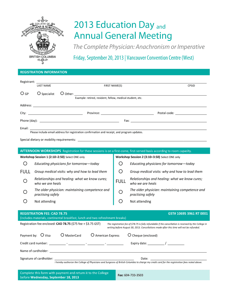 Fillable Online cpsbc 2013 Education Day and Annual General Meeting ...