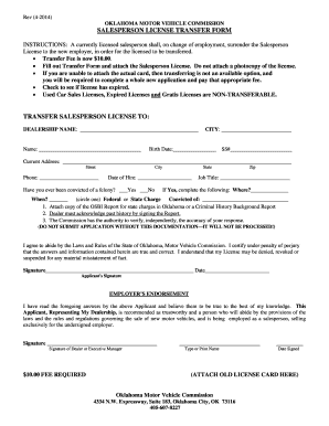 Fillable Online Salesperson License Transfer Form - State of Oklahoma ...