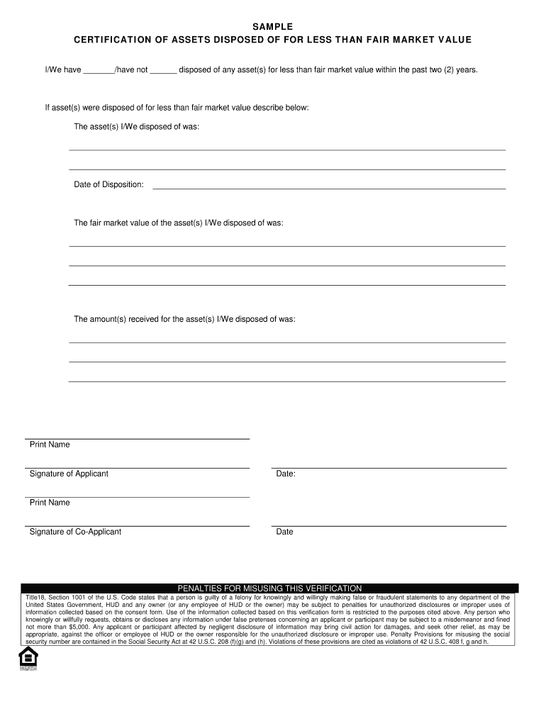 Fillable Online phfa SAMPLE CERTIFICATION OF ASSETS DISPOSED OF FOR LESS THAN FAIR - phfa Fax ...