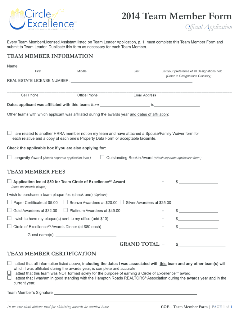 Fillable Online Team Member form - Hampton Roads REALTORS Association ...