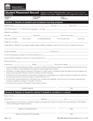 Fillable Online careerconnections net TAFE Student Placement Record ...
