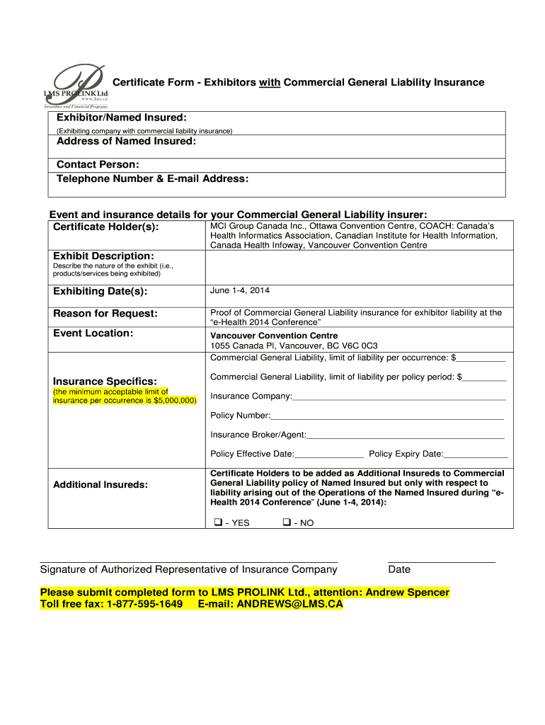Fillable Online Insurance Form for Exhibitors with CGL Insurance - e ...