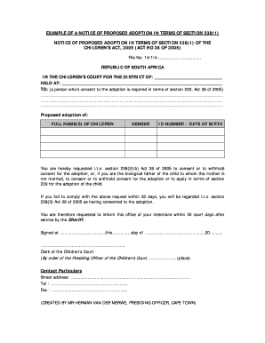 Fillable Online EXAMPLE OF A NOTICE OF PROPOSED ADOPTION IN TERMS OF ...