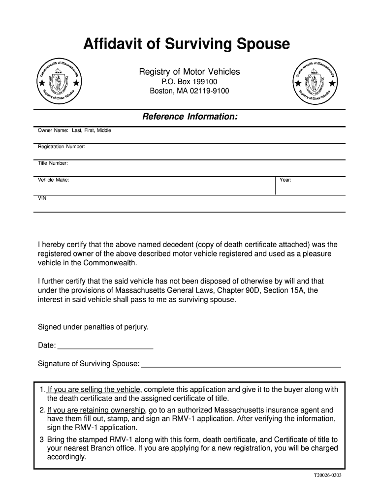 Fillable Online Affidavit of Surviving Spouse Registry of Motor ...
