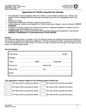 Fillable Online surflifesaving sportal com Application for SLSA Long ...