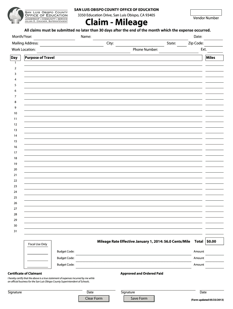 Fillable Online slocoe Claim Form Mileage Expense 2014 - San Luis ...