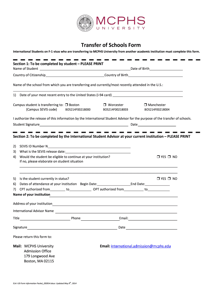 Fillable Online mcphs Transfer of Schools Form - mcphs Fax Email Print ...