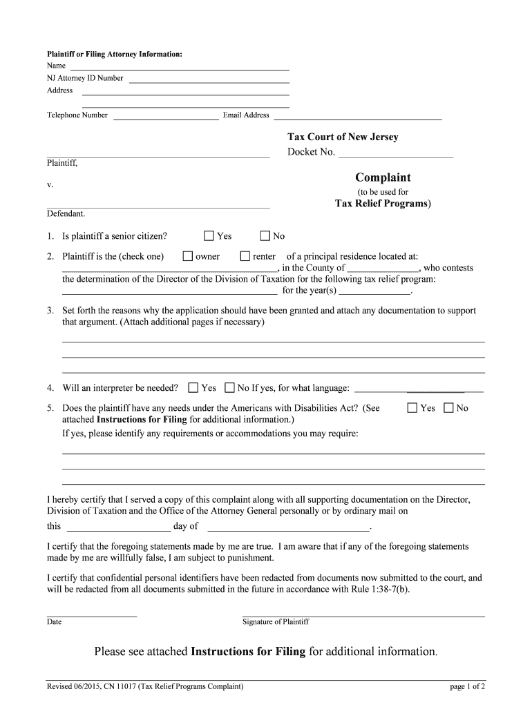 Fillable Online judiciary state nj Tax Court of New Jersey Docket No ...