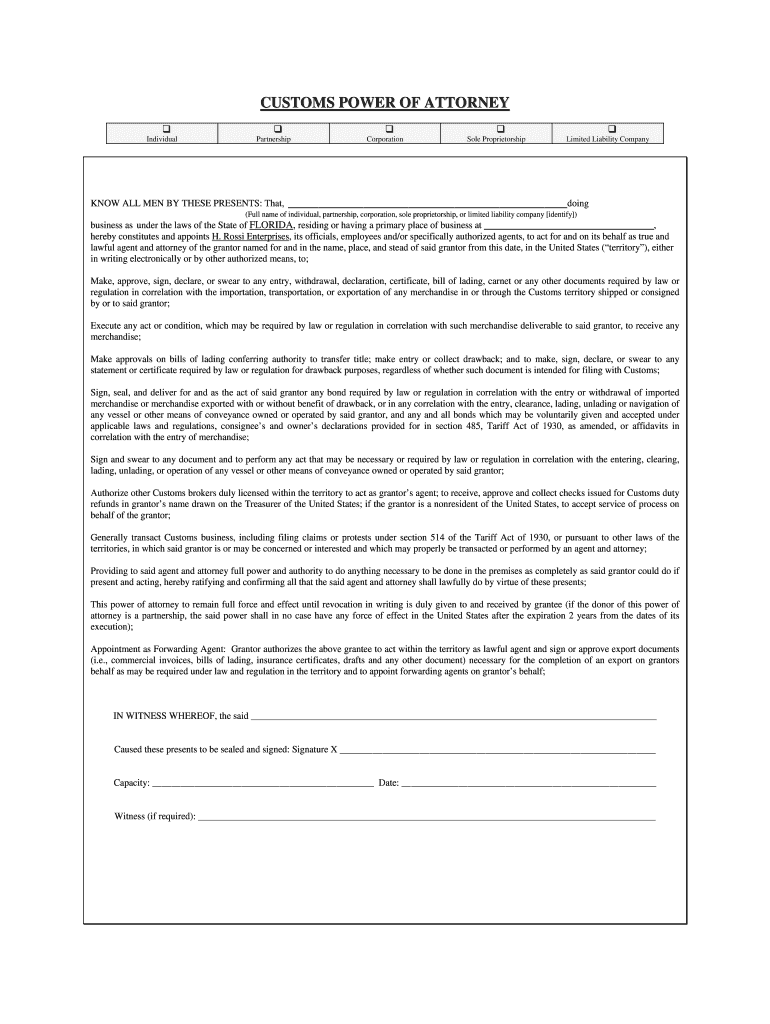 Fillable Online CUSTOMS POWER OF ATTORNEY Individual Partnership KNOW ...