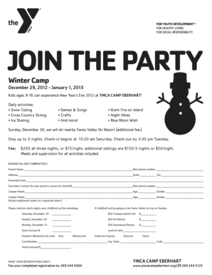 Fillable Online campeberhart JOIN THE PARTY Winter Camp - YMCA Camp ...