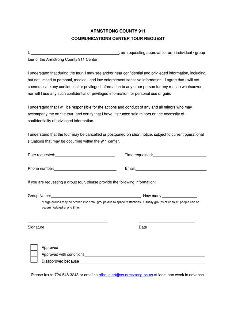 Fillable Online 9-1-1 Tour Request Form - Armstrong County Fax Email ...