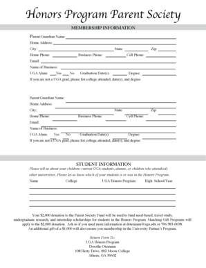 Fillable Online honors uga Honors Program Parent Society Form - the ...