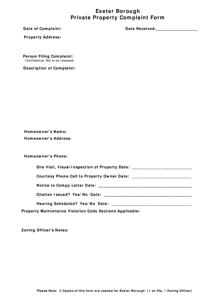 Fillable Online Exeter Borough Private Property Complaint Form Fax ...