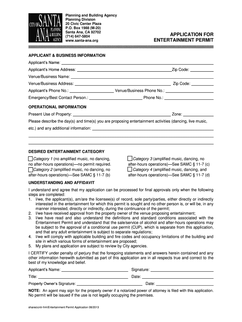 Fillable Online santa-ana APPLICATION FOR ENTERTAINMENT PERMIT - City ...