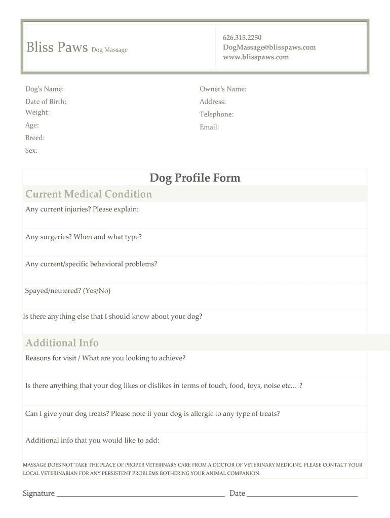 Fillable Online Dog Profile Form - The Langham Huntington, Pasadena Fax ...