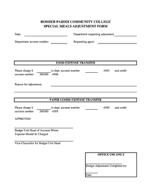 Fillable Online bpcc Special Meals Adjustment Form - Bossier Parish ...