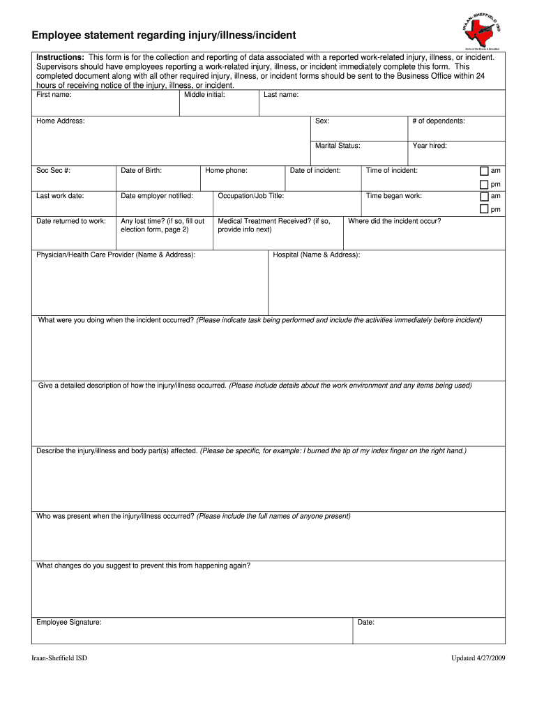 Fillable Online Employee Injury Report - Iraan-Sheffield ISD Fax Email Print - pdfFiller