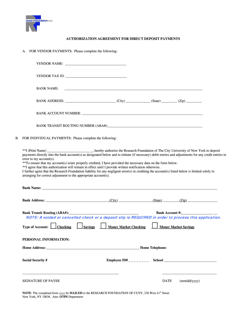 Fillable Online rfcuny FOR VENDOR PAYMENTS Please complete the ...