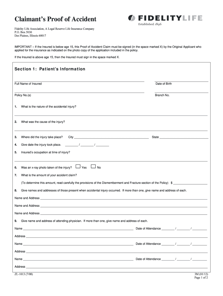 Fillable Online Proof of Accident Form - Fidelity Life Fax Email Print ...