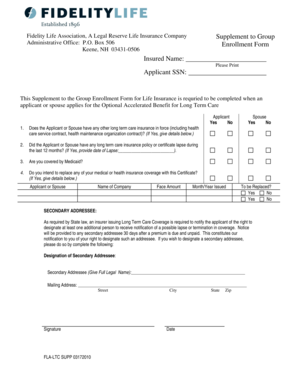 Fillable Online Supplement to Group Enrollment Form Insured Name ...