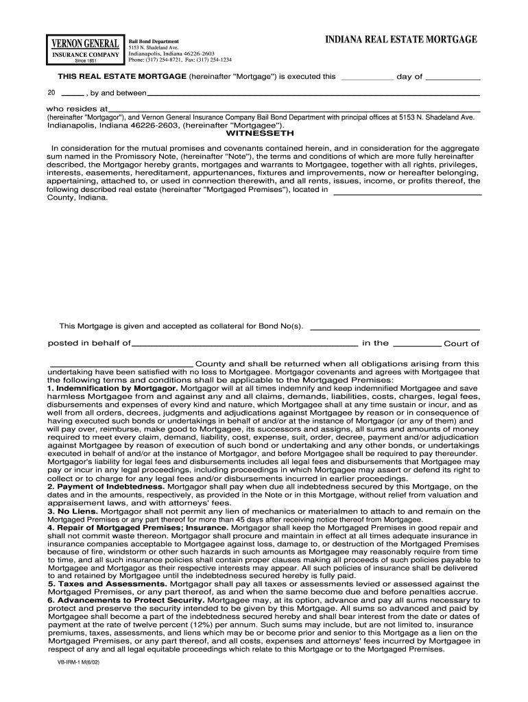 Fillable Online Indiana Real Estate Mortgage - United Surety Agents Inc ...