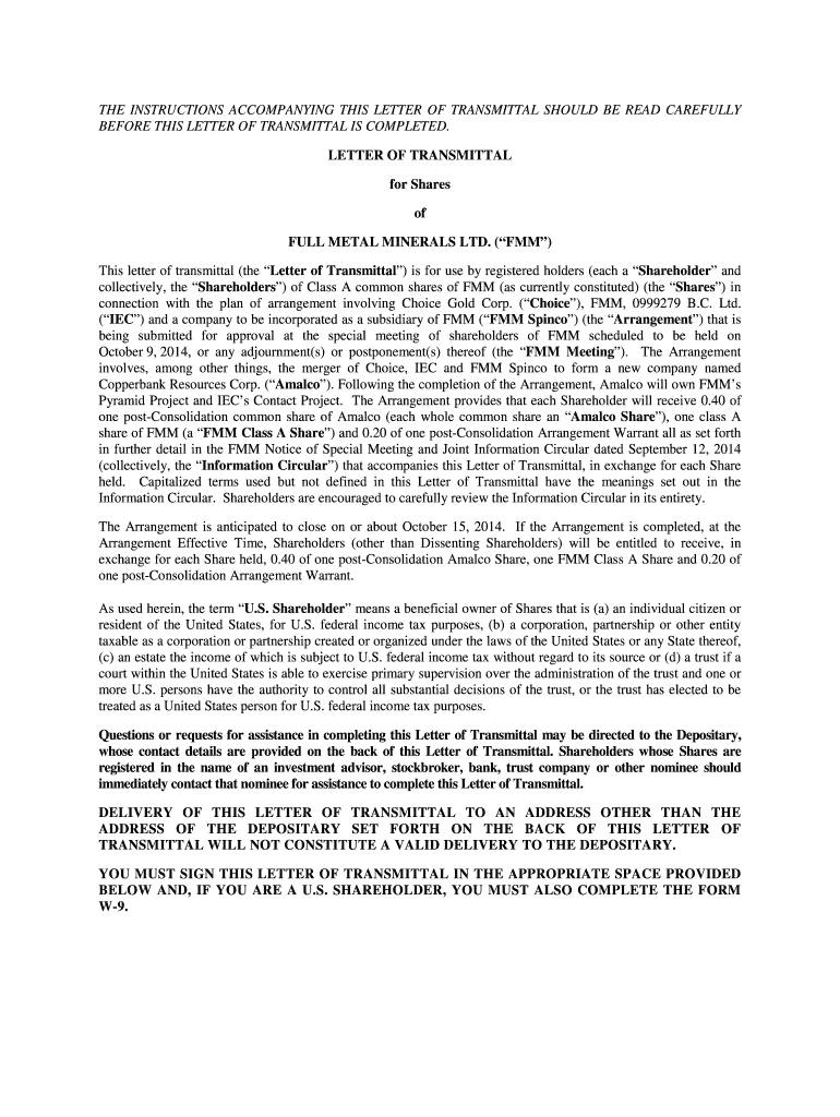 Fillable Online Letter of Transmittal - Full Metal Minerals Fax Email ...