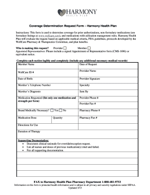 Fillable Online Coverage Determination Request Form - Harmony Health ...