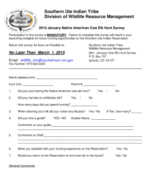 Fillable Online 2015 January Survey Form Cow Elk Hunt - Southern Ute ...