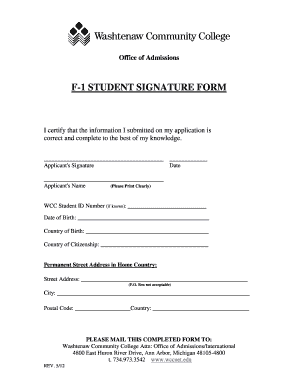 Fillable Online www4 wccnet F1 Student Signature Form - Washtenaw ...