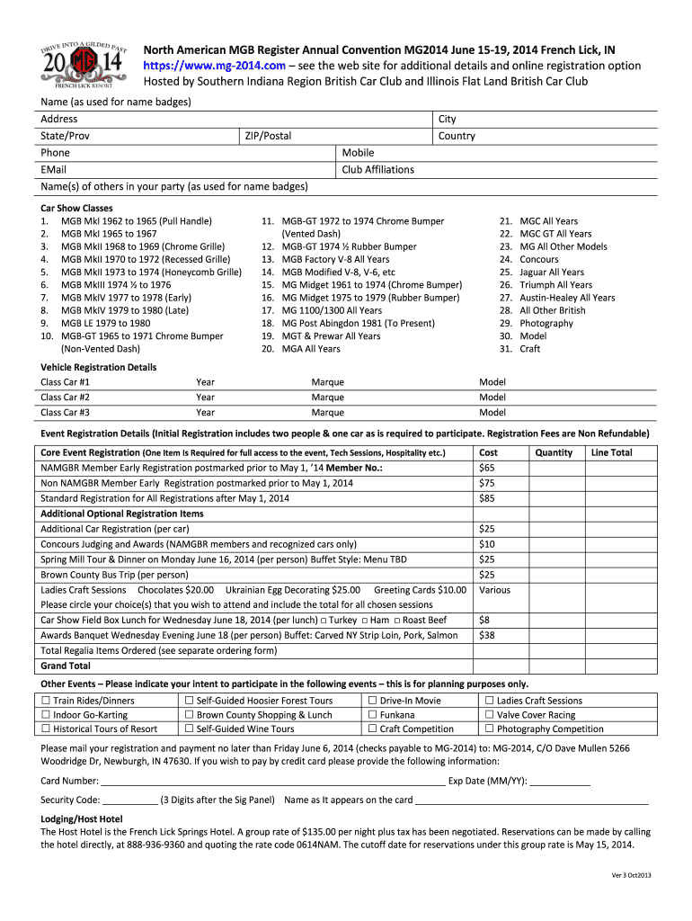 Fillable Online North American MGB Register Annual Convention MG2014 ...