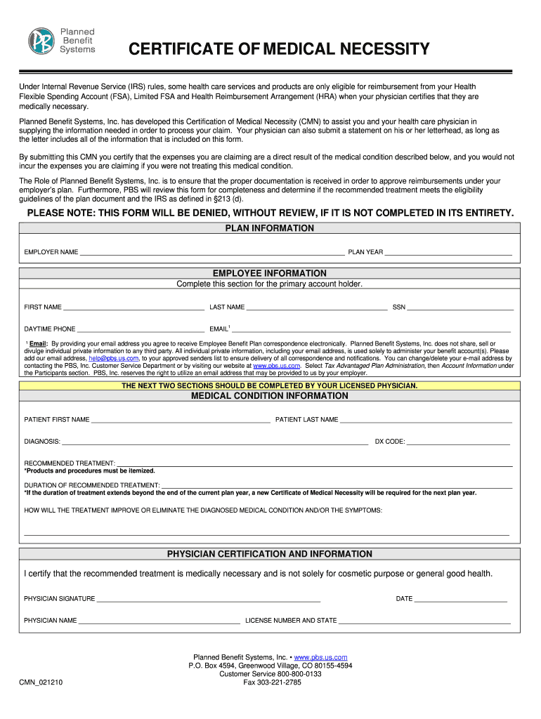 Fillable Online CERTIFICATION OF MEDICAL NECESSITY - pbsuscom Fax Email ...