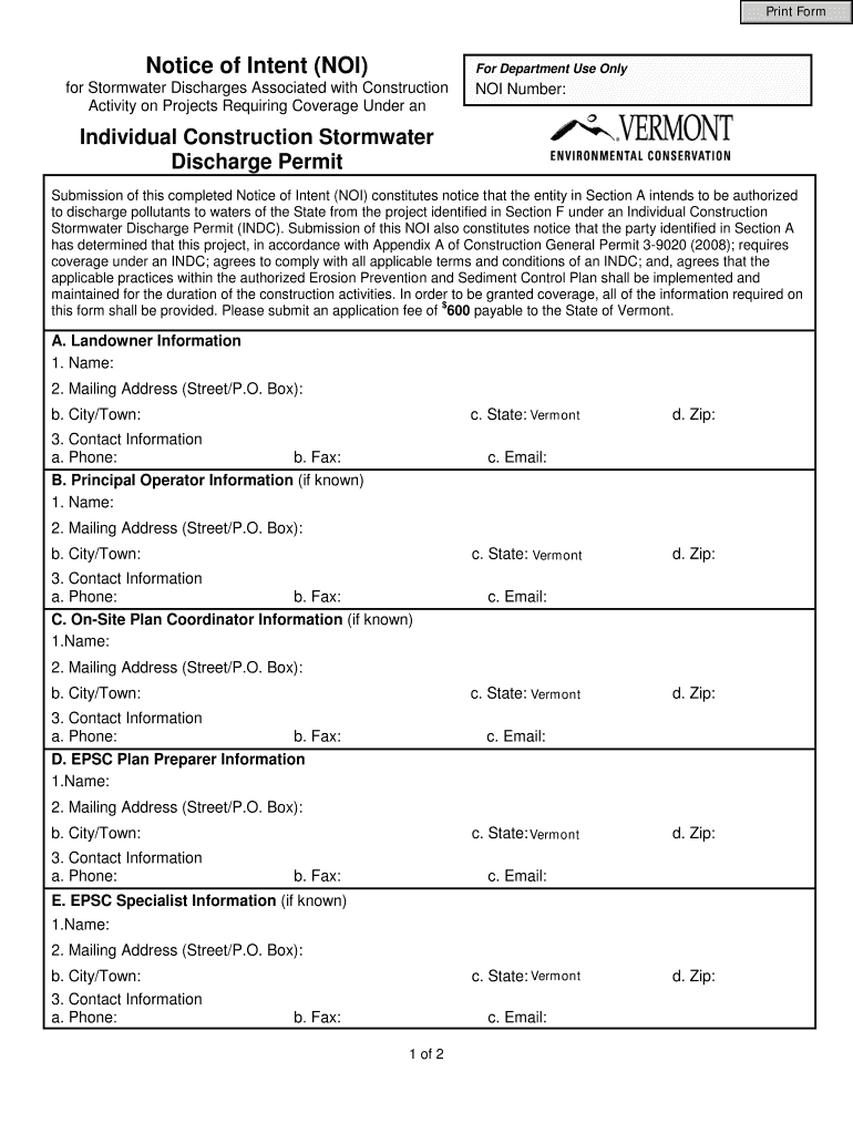 Fillable Online vtwaterquality Individual Construction Stormwater ...