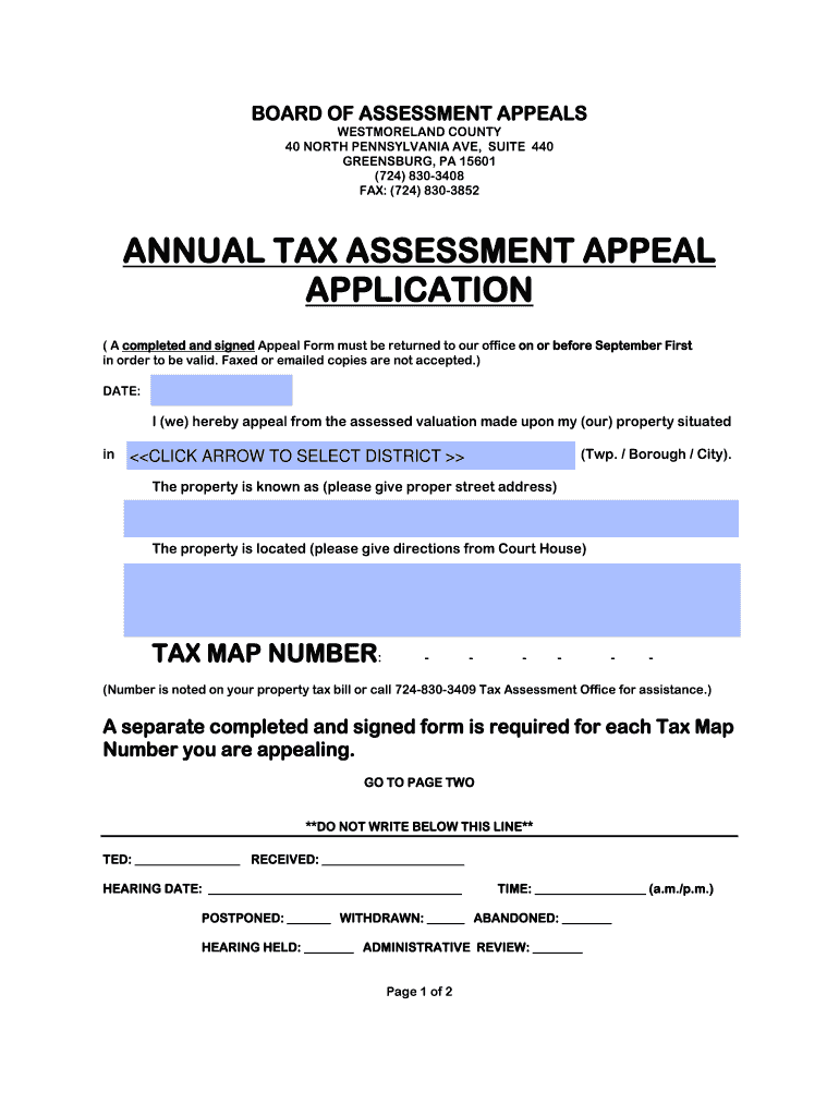 Fillable Online co westmoreland pa ANNUAL TAX ASSESSMENT APPEAL ...