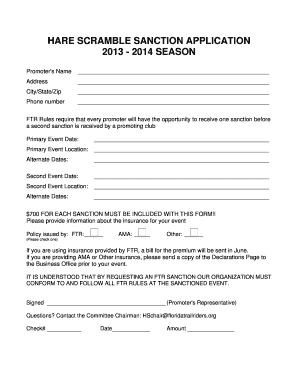 Fillable Online floridatrailriders HARE SCRAMBLE SANCTION APPLICATION 2013 - 2014 SEASON Fax ...