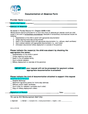 Fillable Online elcbigbend Documentation of Absence Form - elcbigbend ...