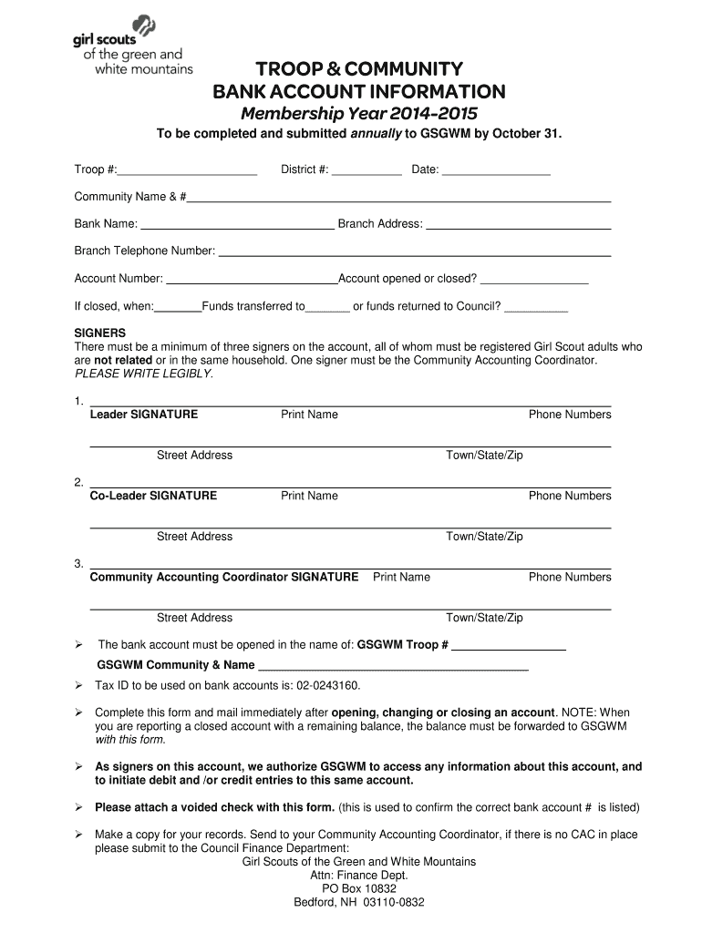 Fillable Online Troop Bank Account Form 2014-2015 - Girl Scouts of the Green and ... Fax Email ...